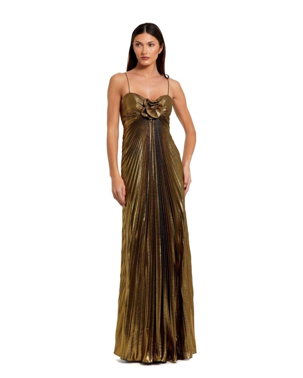 Mac Duggal Thin Strap Pleated Metallic Gown With 3d Flower | Lyst