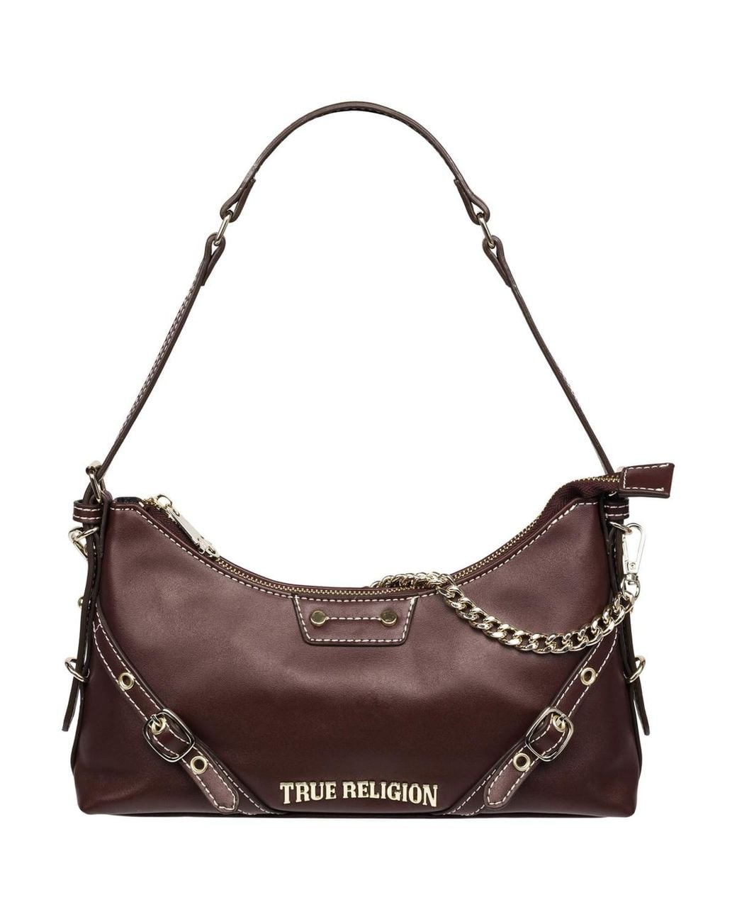 TRUE RELIGION Smooth Pu Belted Shoulder Bag in Brown | Lyst