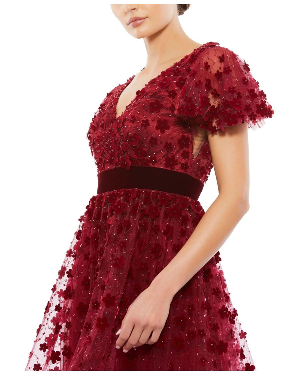 Mac Duggal Embellished Butterfly Sleeve Velvet Hem Midi Dress in Red | Lyst