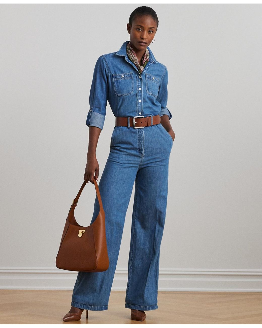 Ralph Lauren Petite Denim Wide-leg Jumpsuit in Blue | Lyst