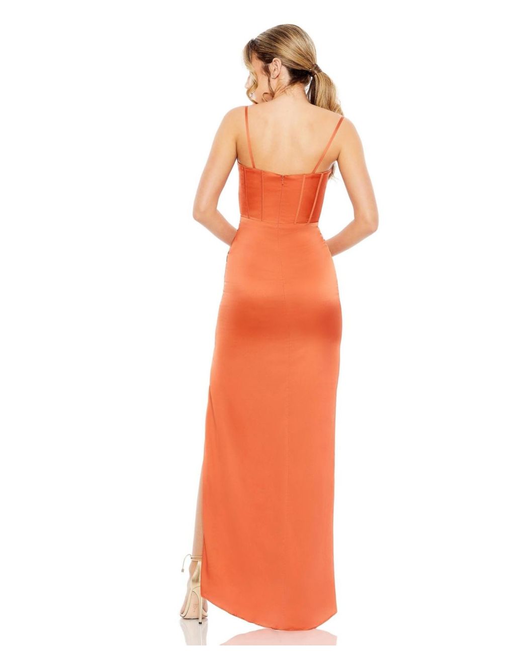 Mac Duggal Bustier Side Ruched Bodycon Gown in Orange | Lyst