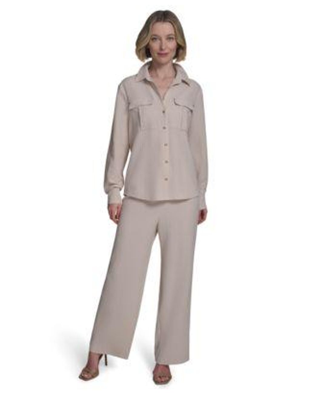 Halston Collared Roll Tab Button Up Shirt Drawstring Pull On Wide Leg ...