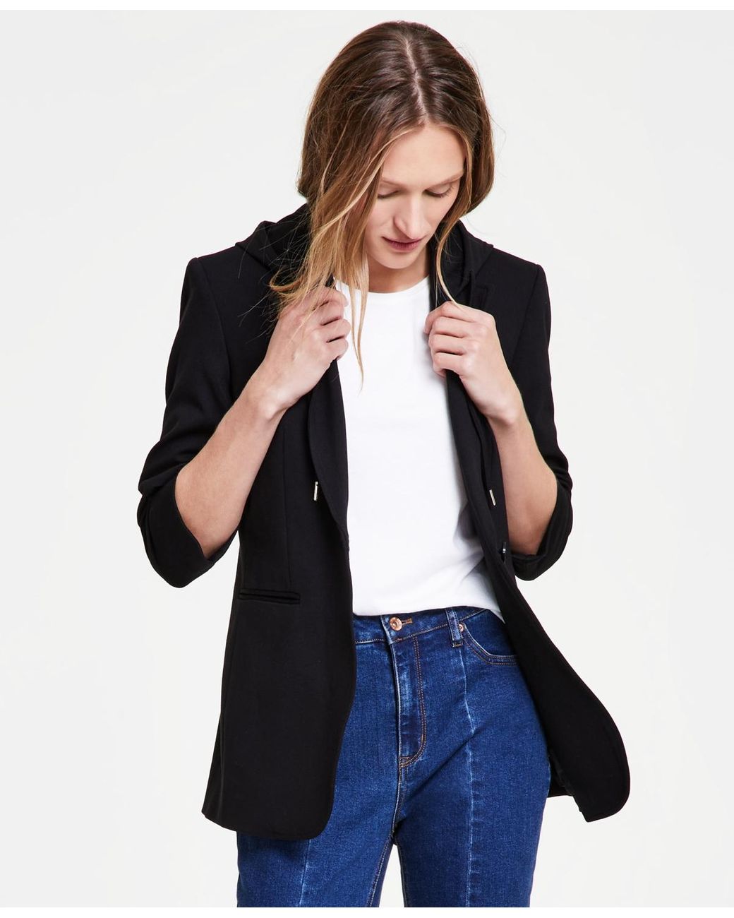 Anne Klein Detachable Hooded Notch-collar Compression Jacket in Blue | Lyst