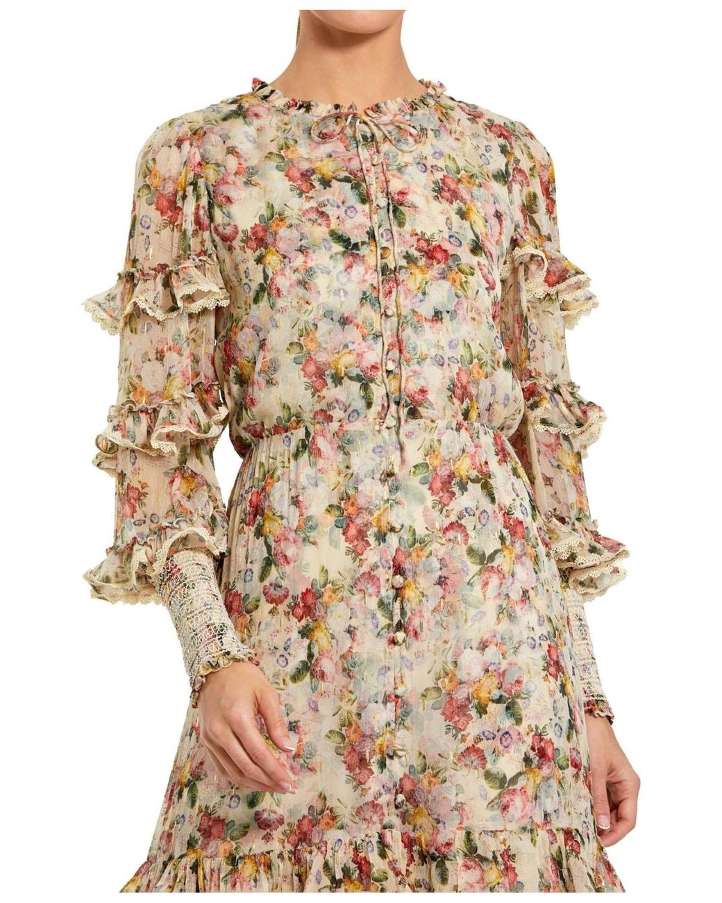 Mac Duggal Floral Tiered Ruffle Midi Dress in Natural | Lyst