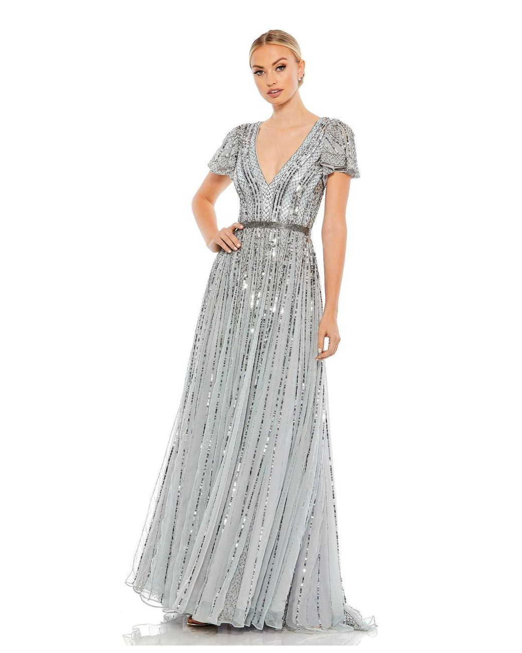Mac Duggal Flutter Sleeve Embellished Plunge Neck A Line Gown In White