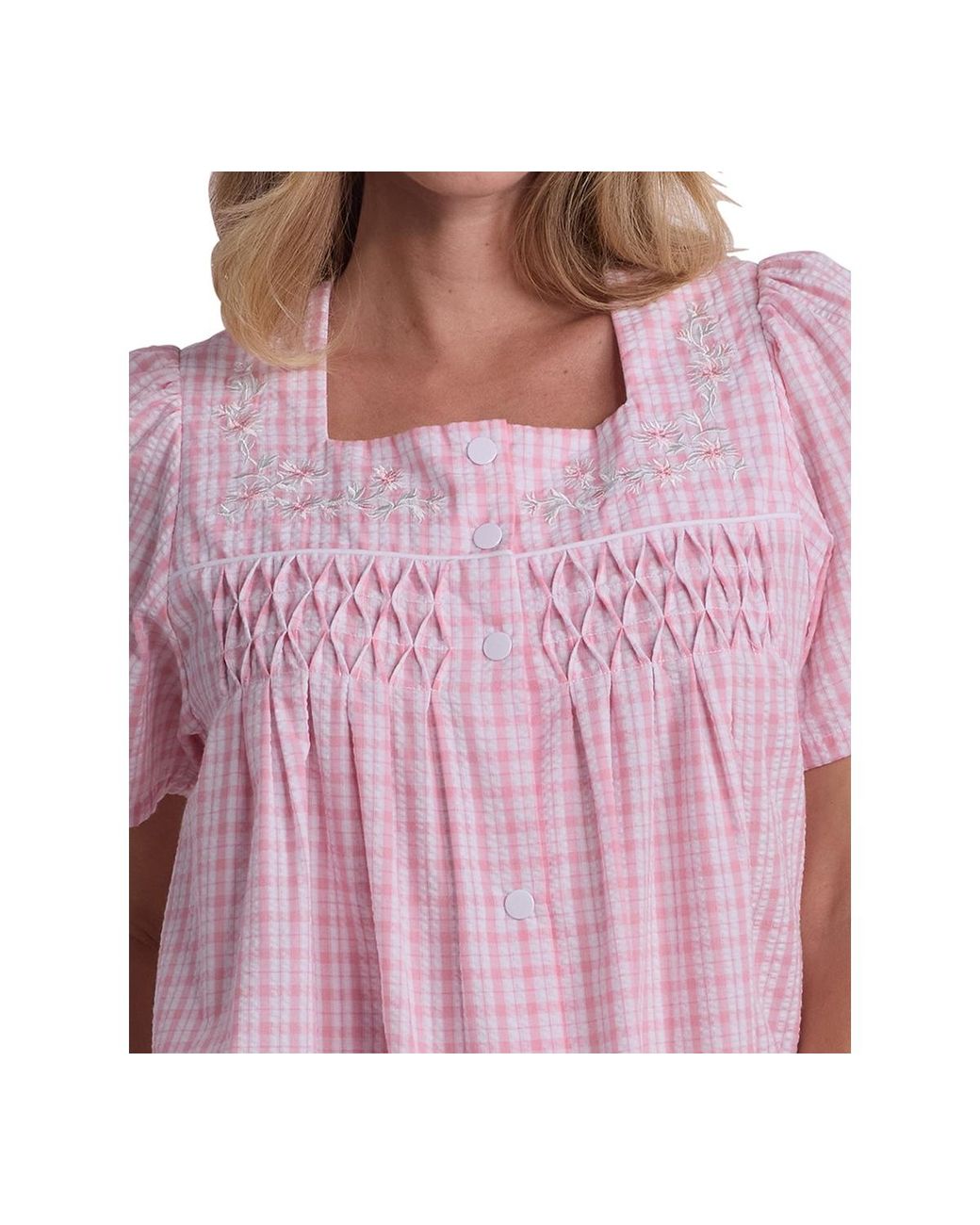 Miss Elaine Window Pane Printed Square Neck Short Grip Robe in Pink | Lyst