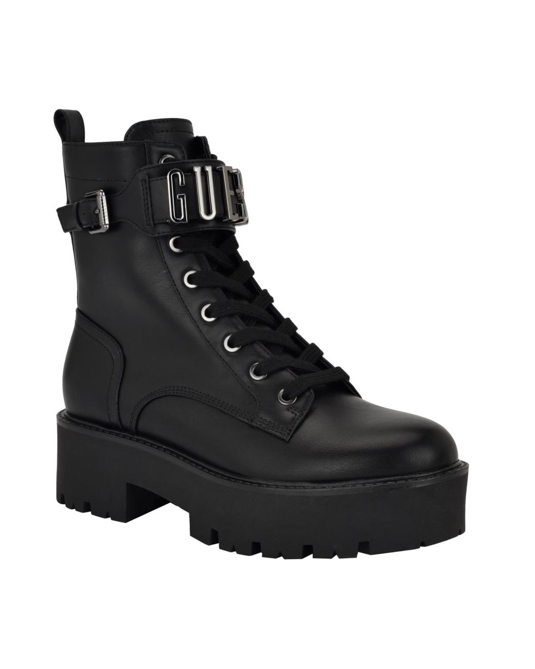 Guess Vaires Lug Sole Cuff Lace Up Logo Plated Combat Booties in Black ...