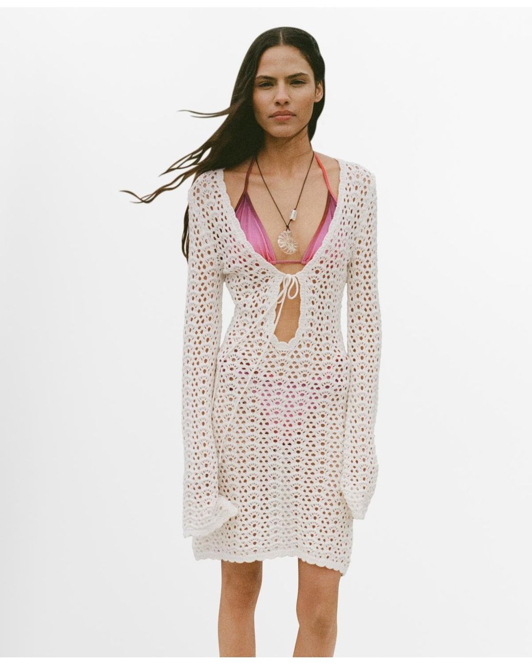 Mango Bow Detail Mini Crochet Dress in White | Lyst