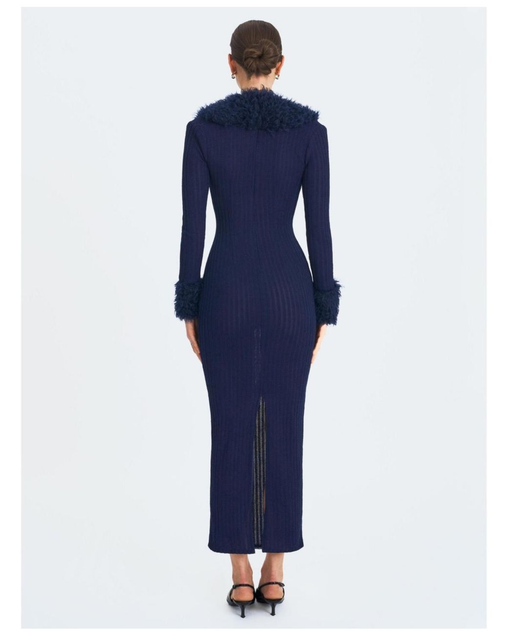 Miss Circle Romina Plunging Fur Trimmed Crochet Maxi Dress in Blue | Lyst