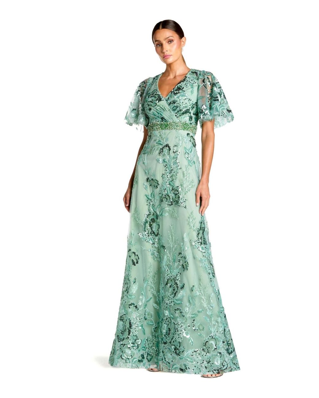Mac Duggal Floral Embellished Short Sleeve Faux Wrap Gown in Green | Lyst
