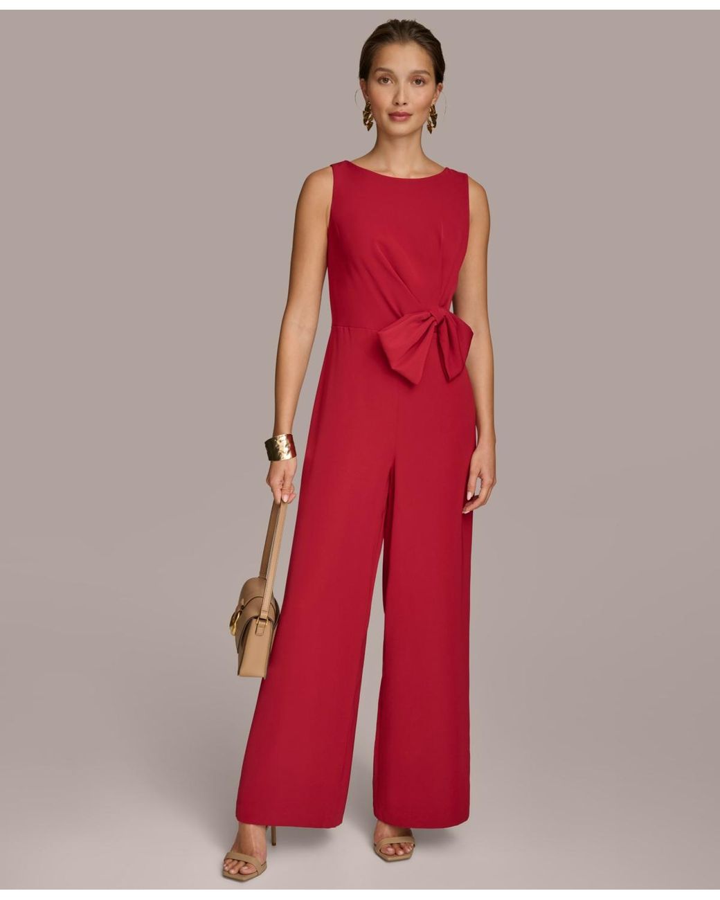 Donna Karan Bow-trim Straight-leg Jumpsuit in Red | Lyst