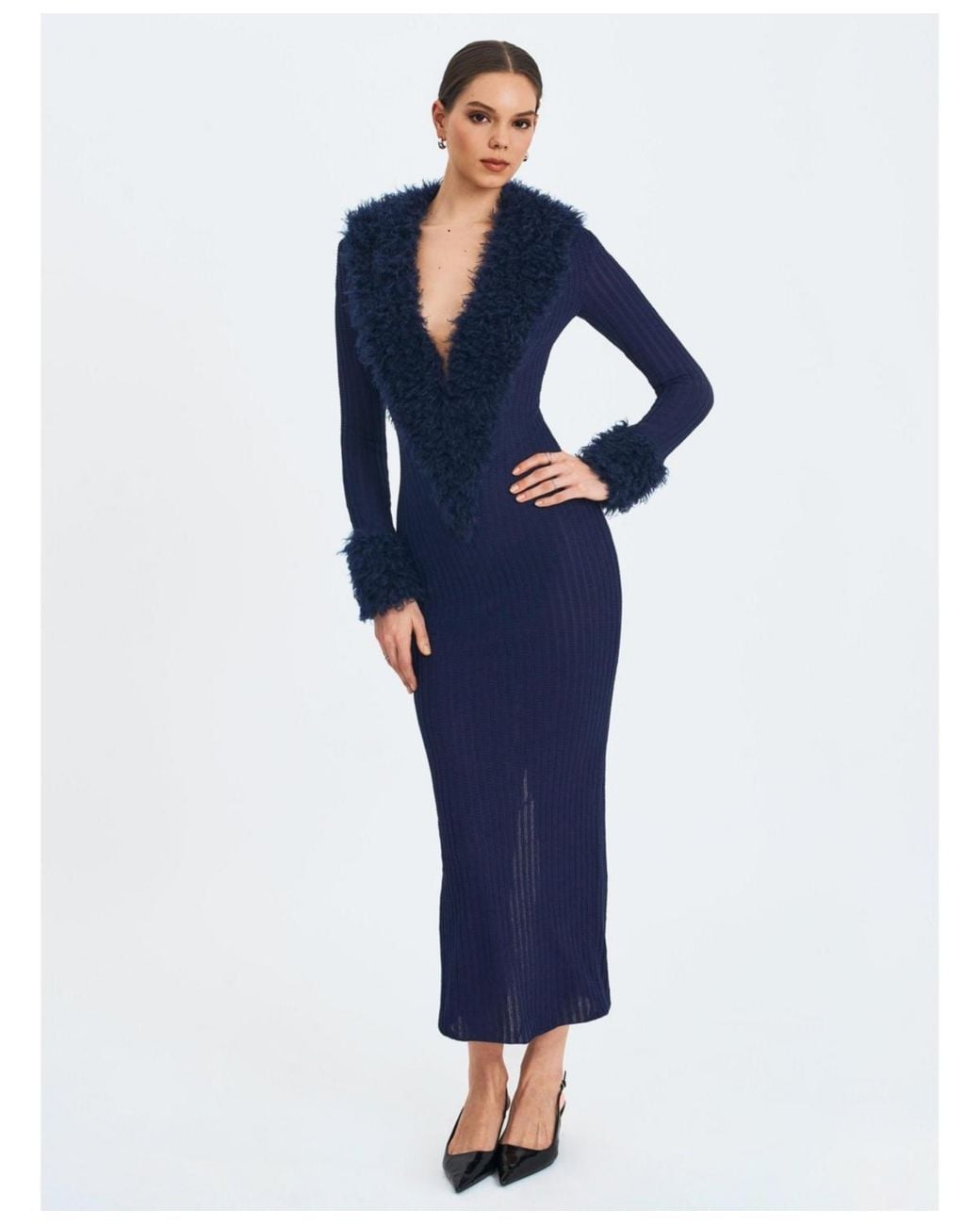 Miss Circle Romina Plunging Fur Trimmed Crochet Maxi Dress in Blue | Lyst