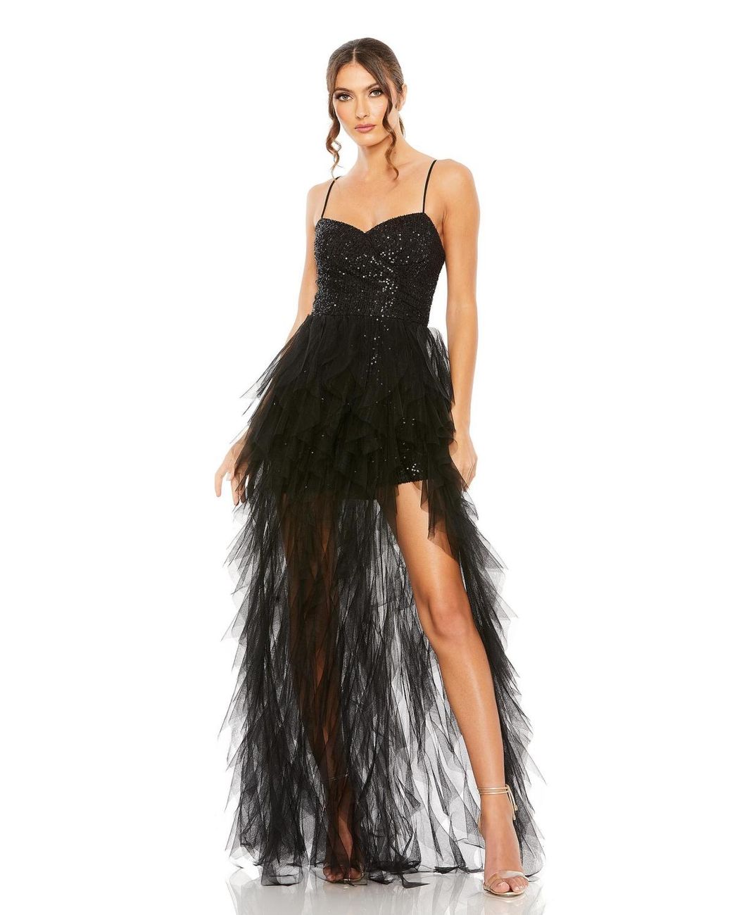 Mac Duggal Ieena Sequin Mini Dress With High Low Ruffle Tiered Train in ...