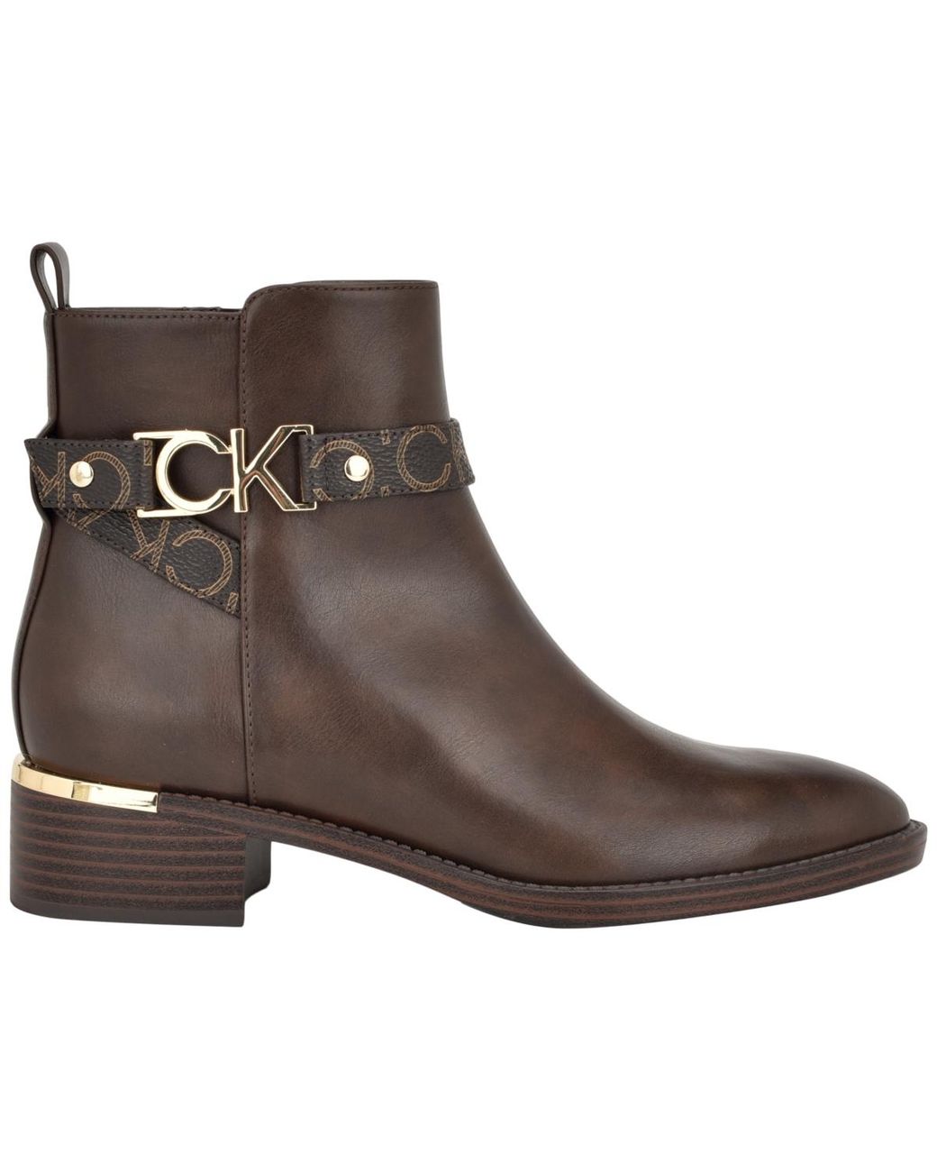 Calvin Klein Dhara Logo Strap Block Heel Booties in Brown | Lyst