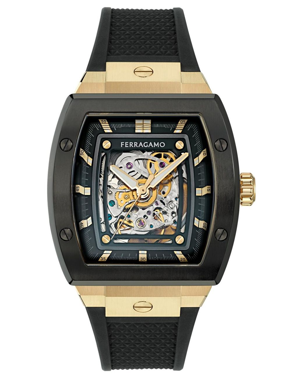 Ferragamo Swiss Automatic F-80 Tonneau Skeleton Black Polyurethane ...
