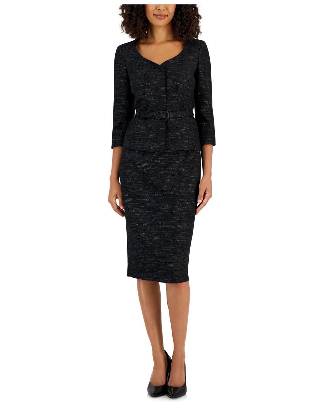 Le Suit Metallic Tweed Belted Jacket & Pencil Skirt Suit in Black | Lyst