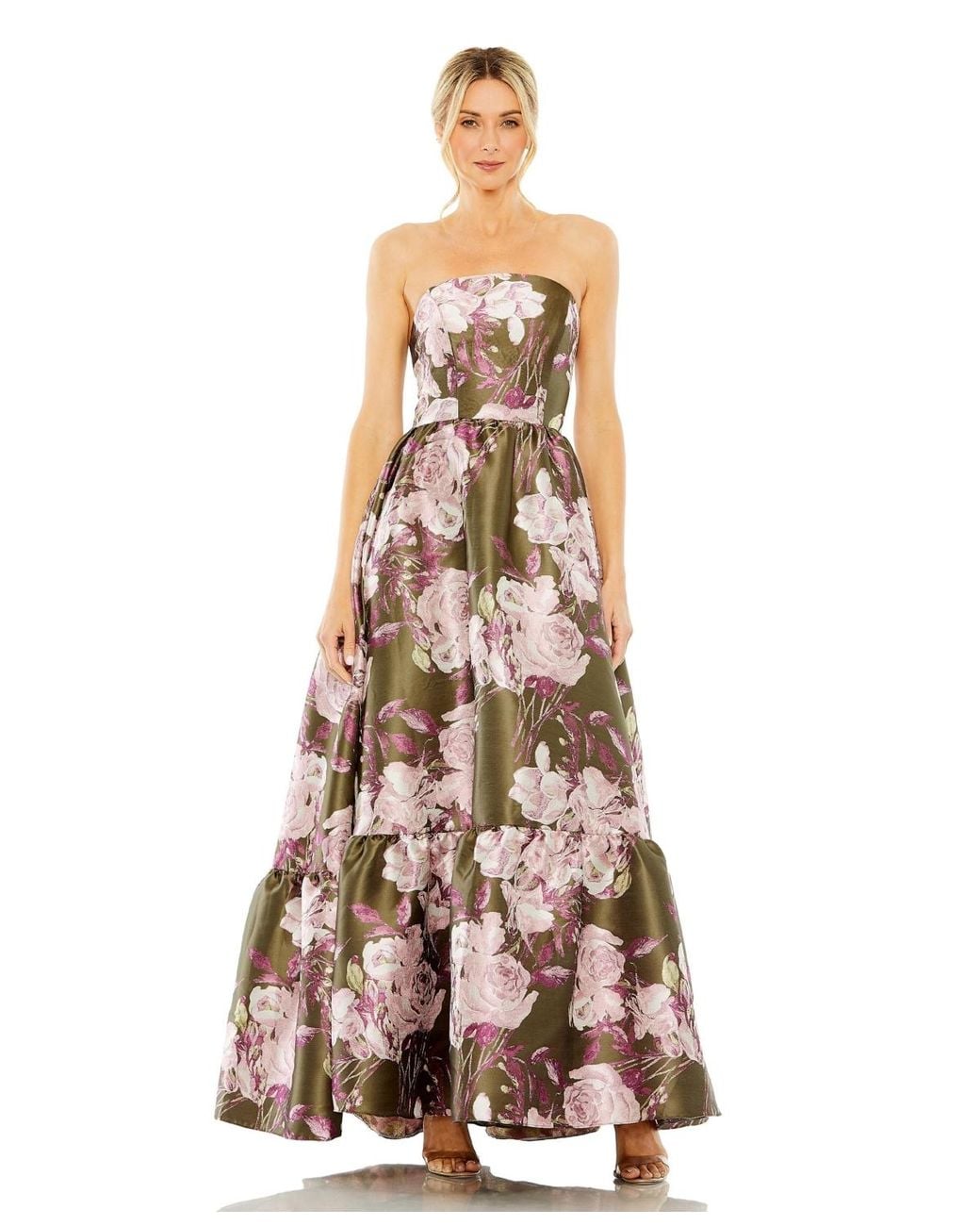 Mac Duggal Strapless Bottom Ruffle Floral Gown in White | Lyst