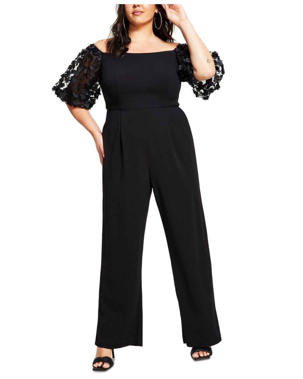 Xscape Plus Size Puffed Sleeve Off The Shoulder Jumpsuit In Black Lyst