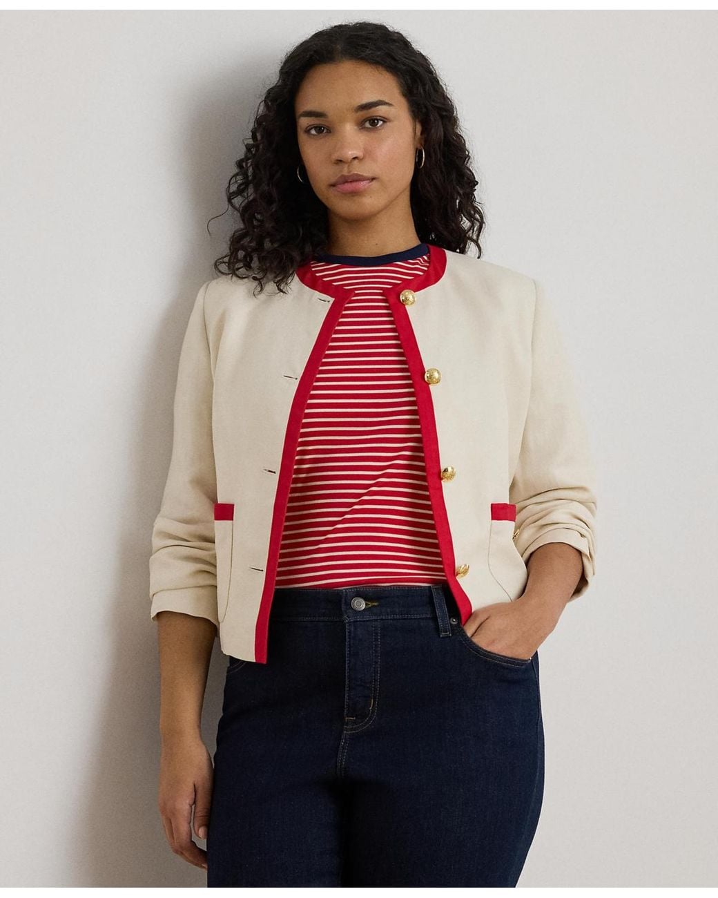 Ralph Lauren Plus Size Two-tone Crewneck Blazer in Red | Lyst