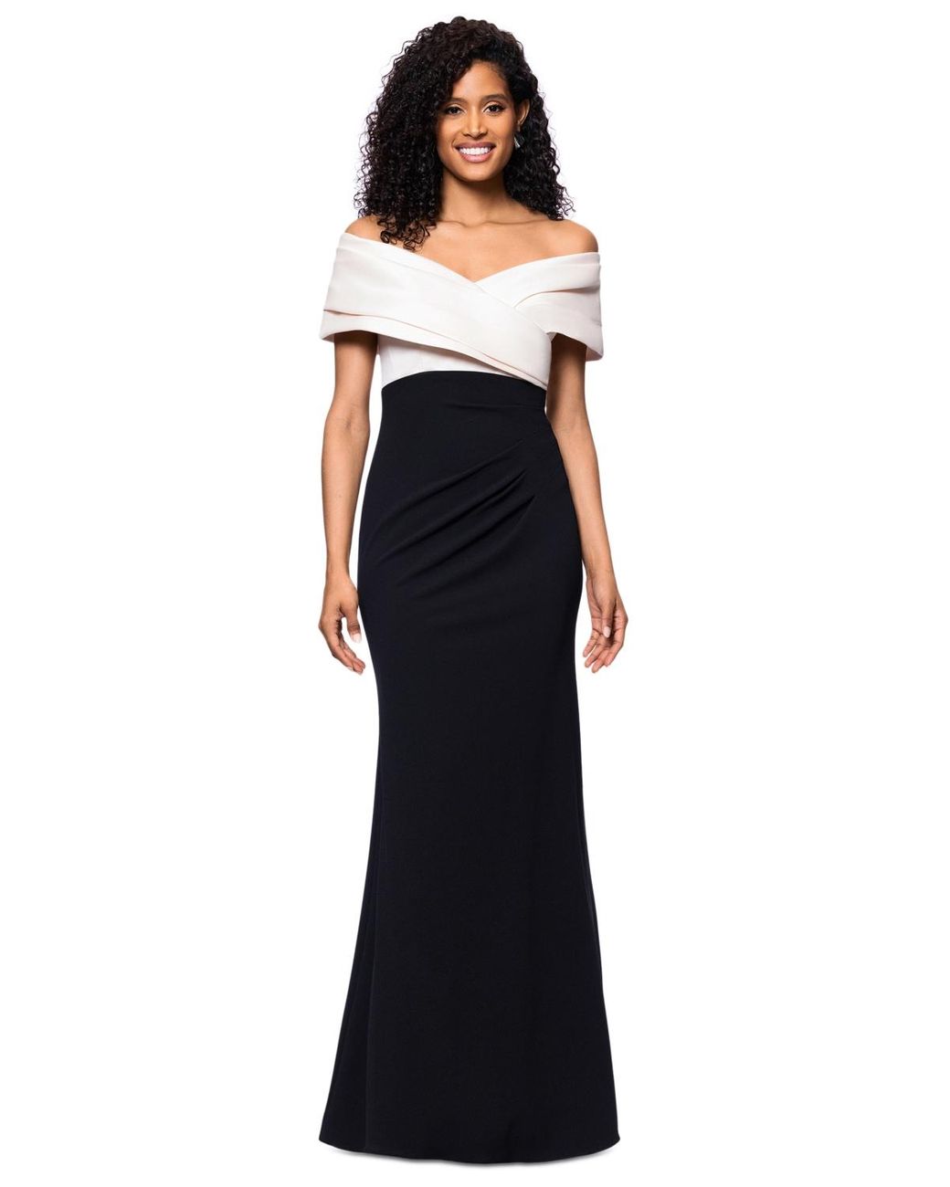 Betsy & Adam Off-the-shoulder Colorblocked Gown in Blue | Lyst