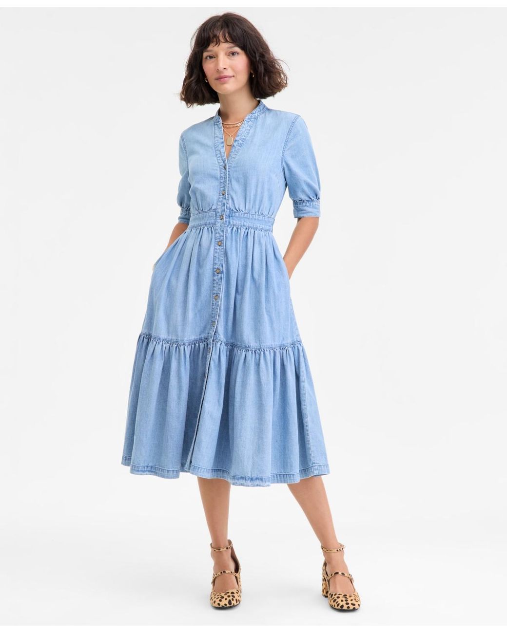 On 34th Denim Puff-sleeve Midi Dress in Blue | Lyst