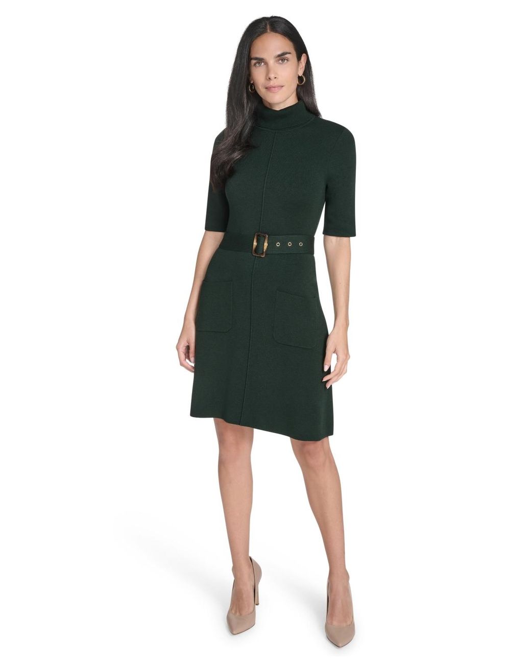 Jessica Howard Turtle Neck Elbow Sleeve Belted Dress in Green | Lyst