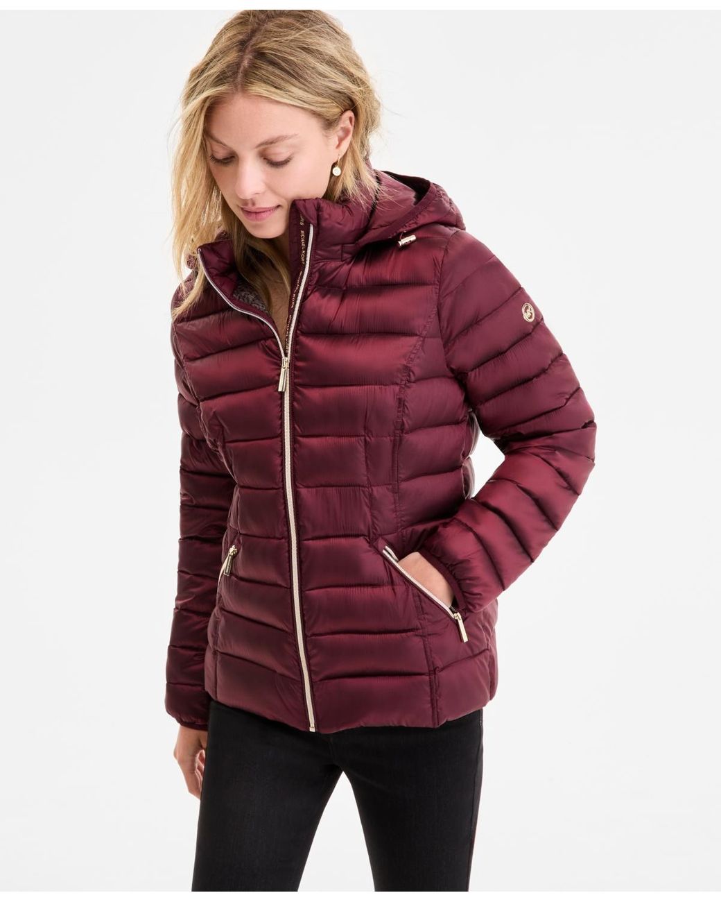 Michael Kors Michael Hooded Shine Packable Puffer Coat in Red | Lyst