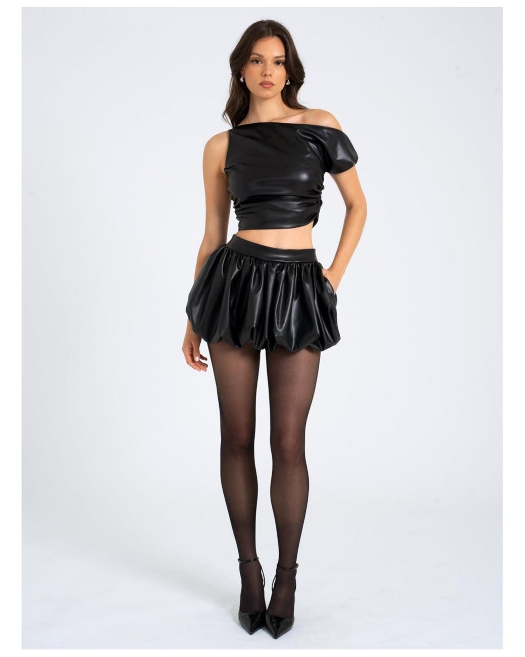 Miss Circle Yuna Faux Leather Bubble Hem Skirt in Black | Lyst