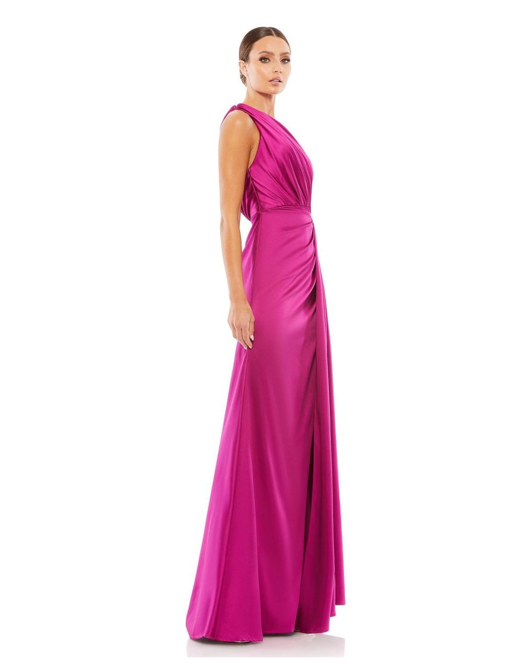 Mac Duggal Gathered One Shoulder Satin Faux Wrap Gown in Pink | Lyst
