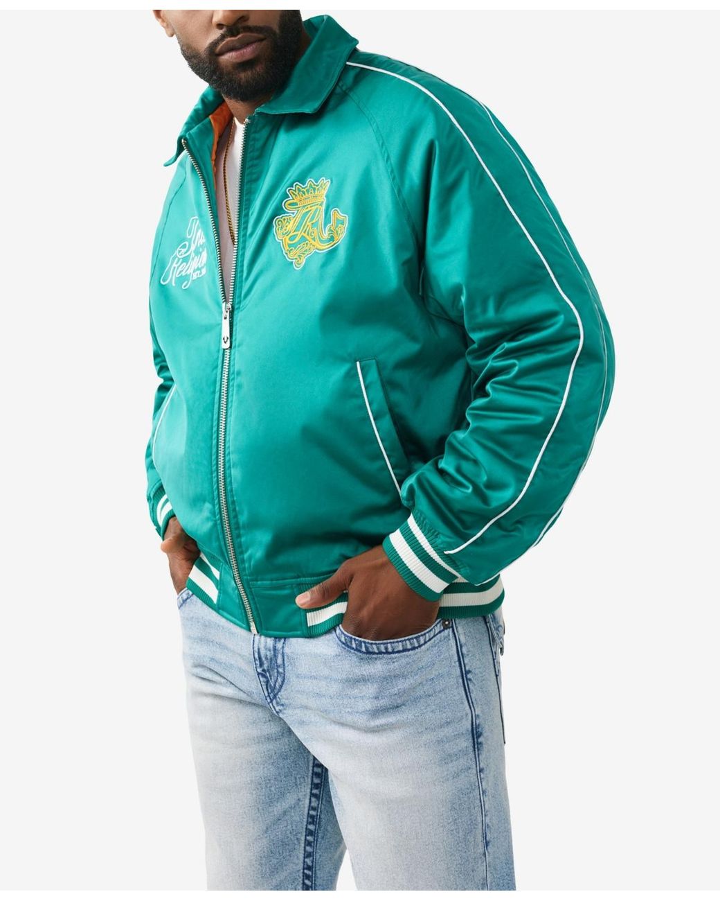TRUE RELIGION Crest Satin Retro Bomber Jacket in Green for Men | Lyst