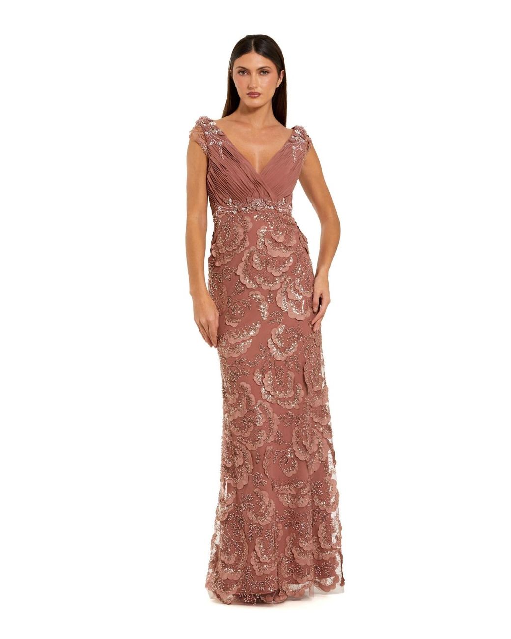 Mac Duggal Floral Beaded Chiffon V-neck Evening Gown in Red | Lyst