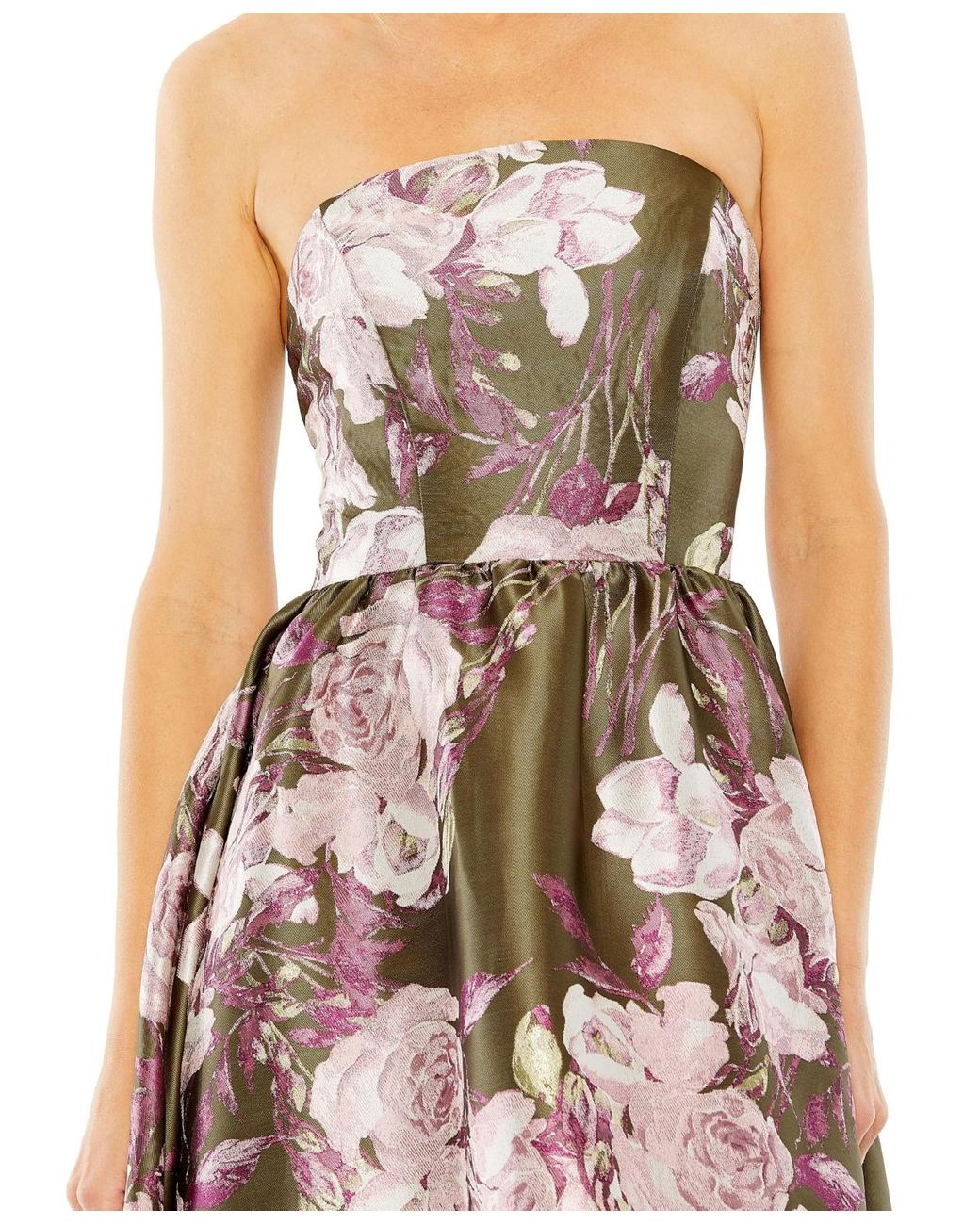 Mac Duggal Strapless Bottom Ruffle Floral Gown in White | Lyst
