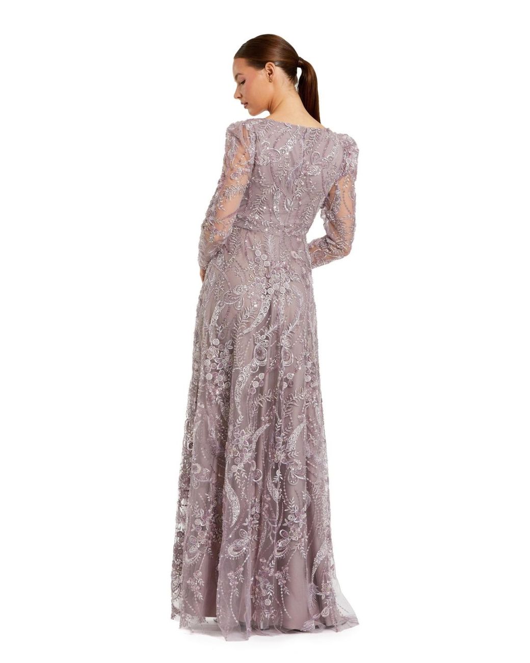 Mac Duggal Floral Embroidered V Neck Long Sleeve Gown in Purple | Lyst