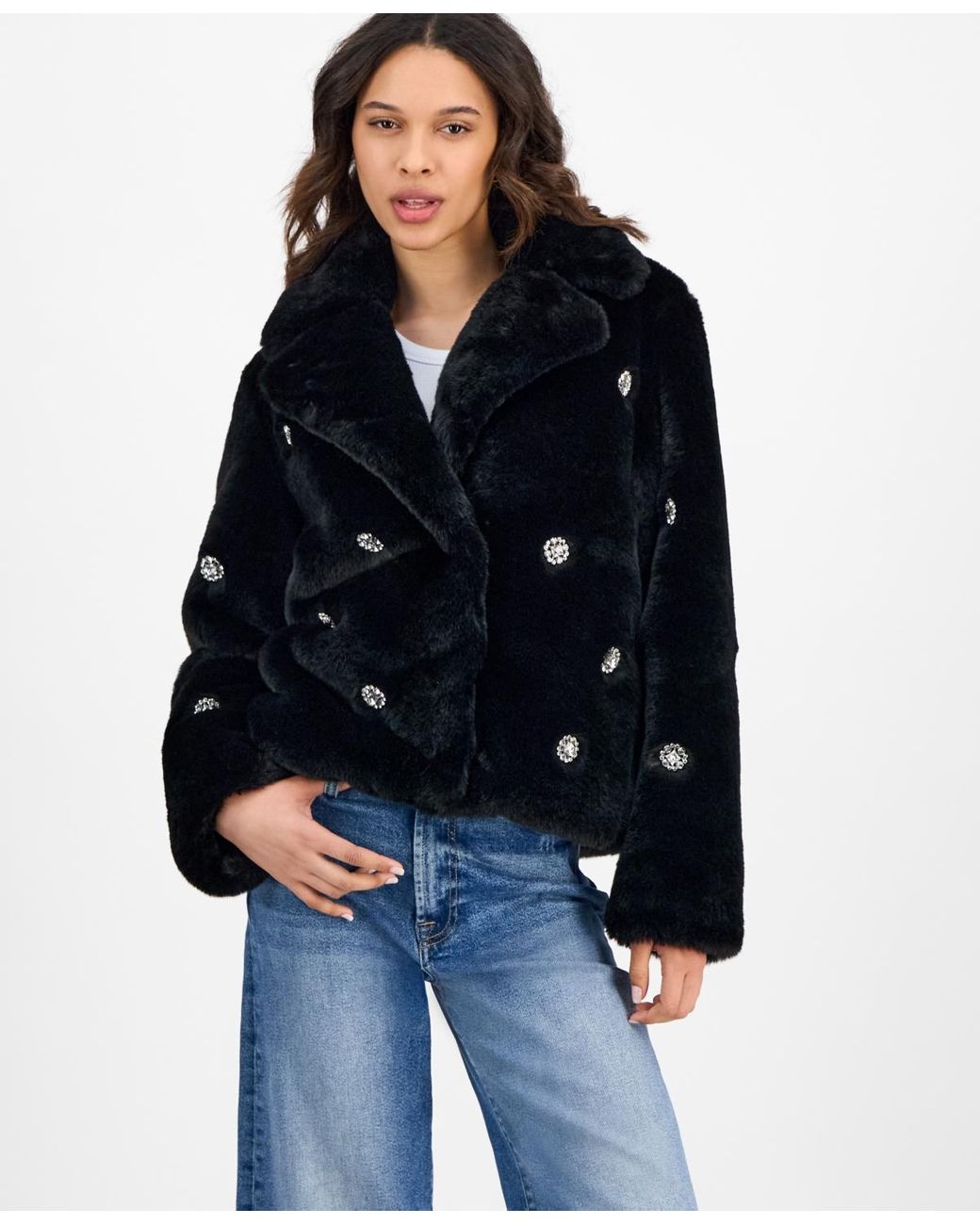 Cece Short Embellished Faux-fur Coat in Blue | Lyst