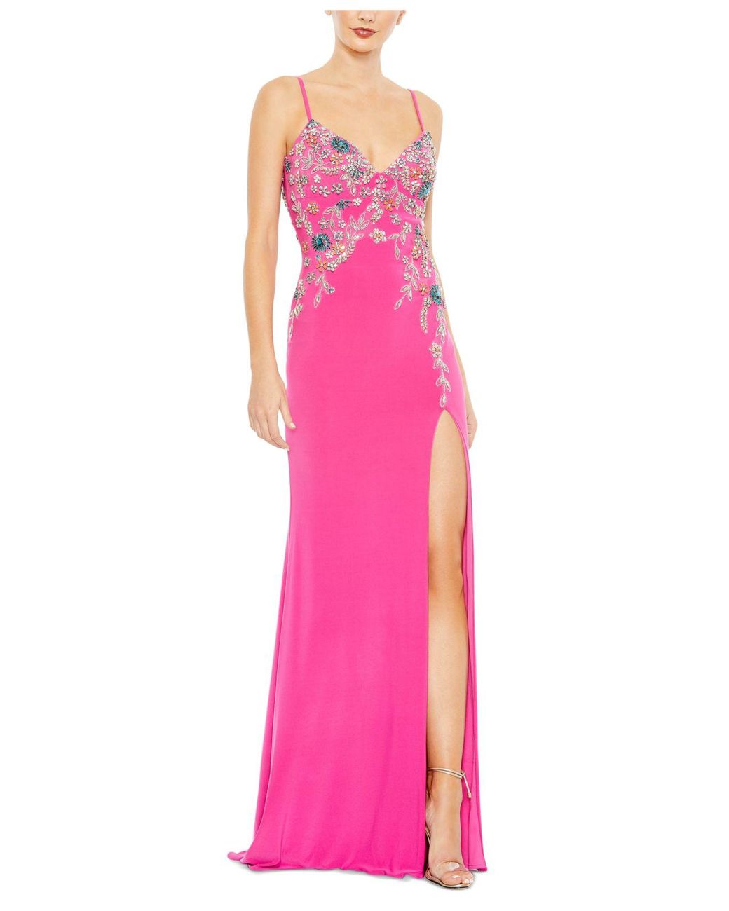 Mac Duggal Synthetic Beaded High Slit Gown In Candy Pink Pink Lyst
