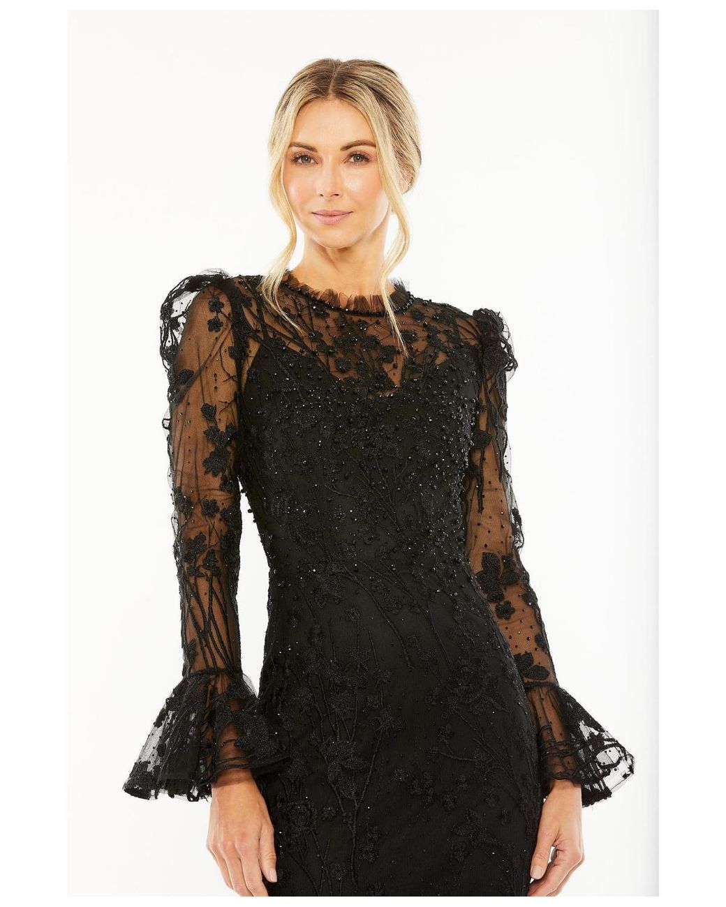 Mac Duggal Ruffle Wrist Embellished High Neck Midi Dress in Black | Lyst