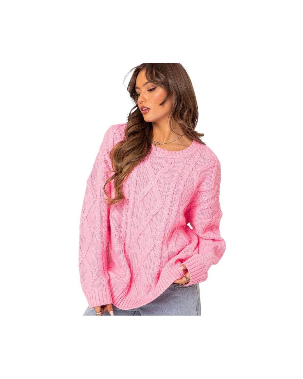 Edikted Kennedy Oversized Cable Knit Sweater in Pink | Lyst