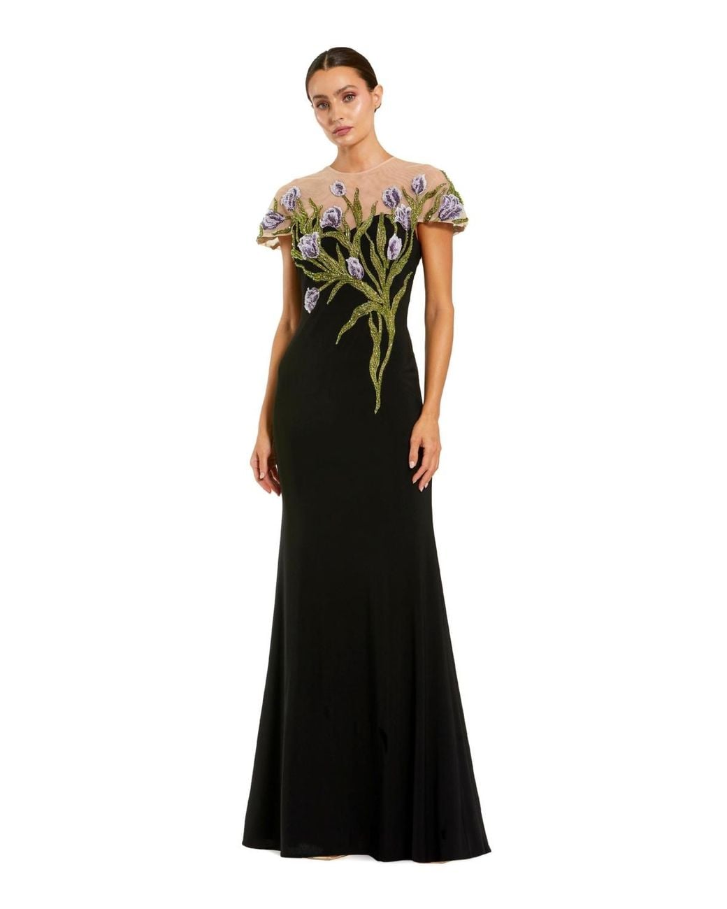 Mac Duggal Jersey Floral Embroidered Illusion Neck Gown in Black | Lyst