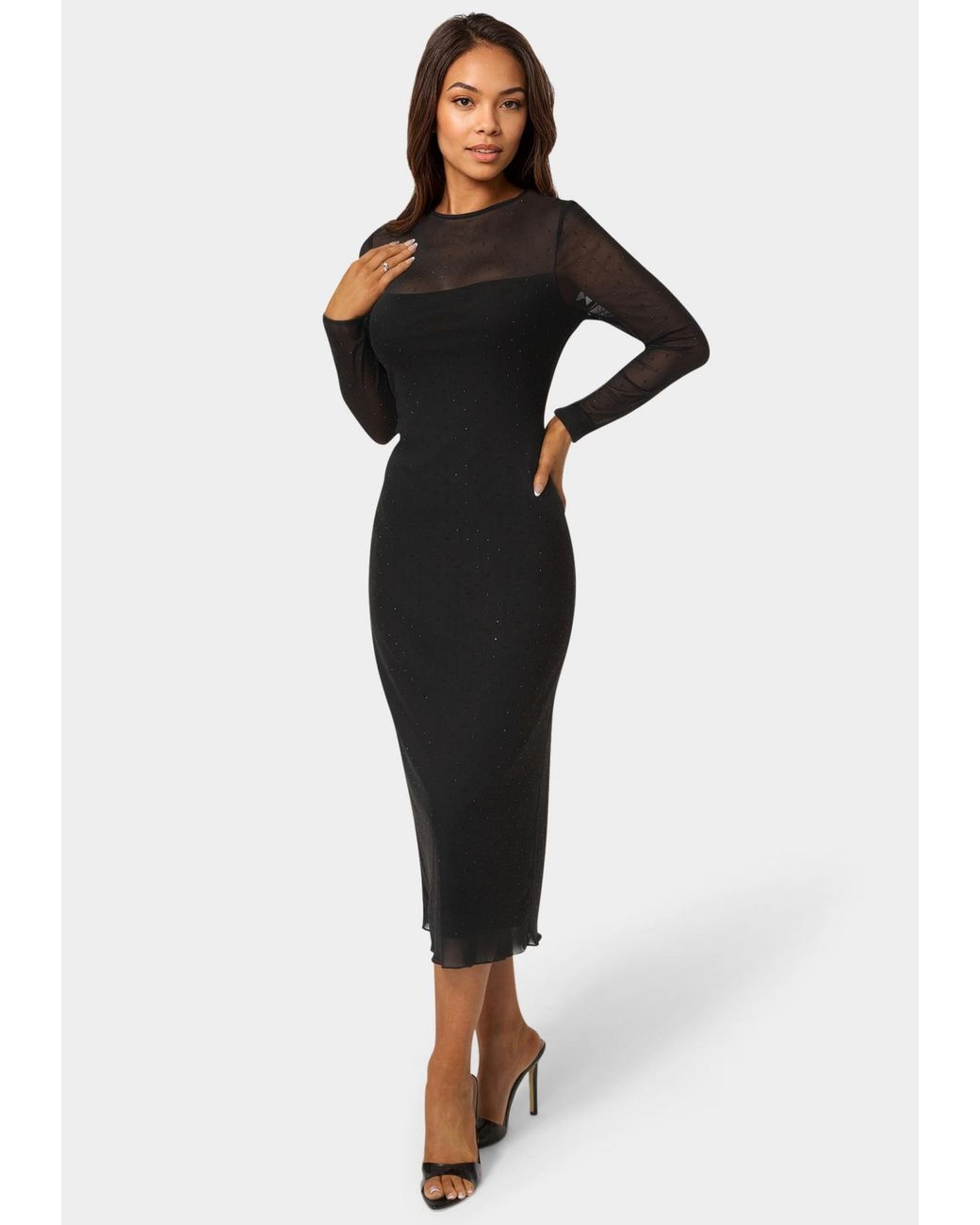 Bebe Rhinestone Mesh Long Sleeve Maxi Dress in Black | Lyst