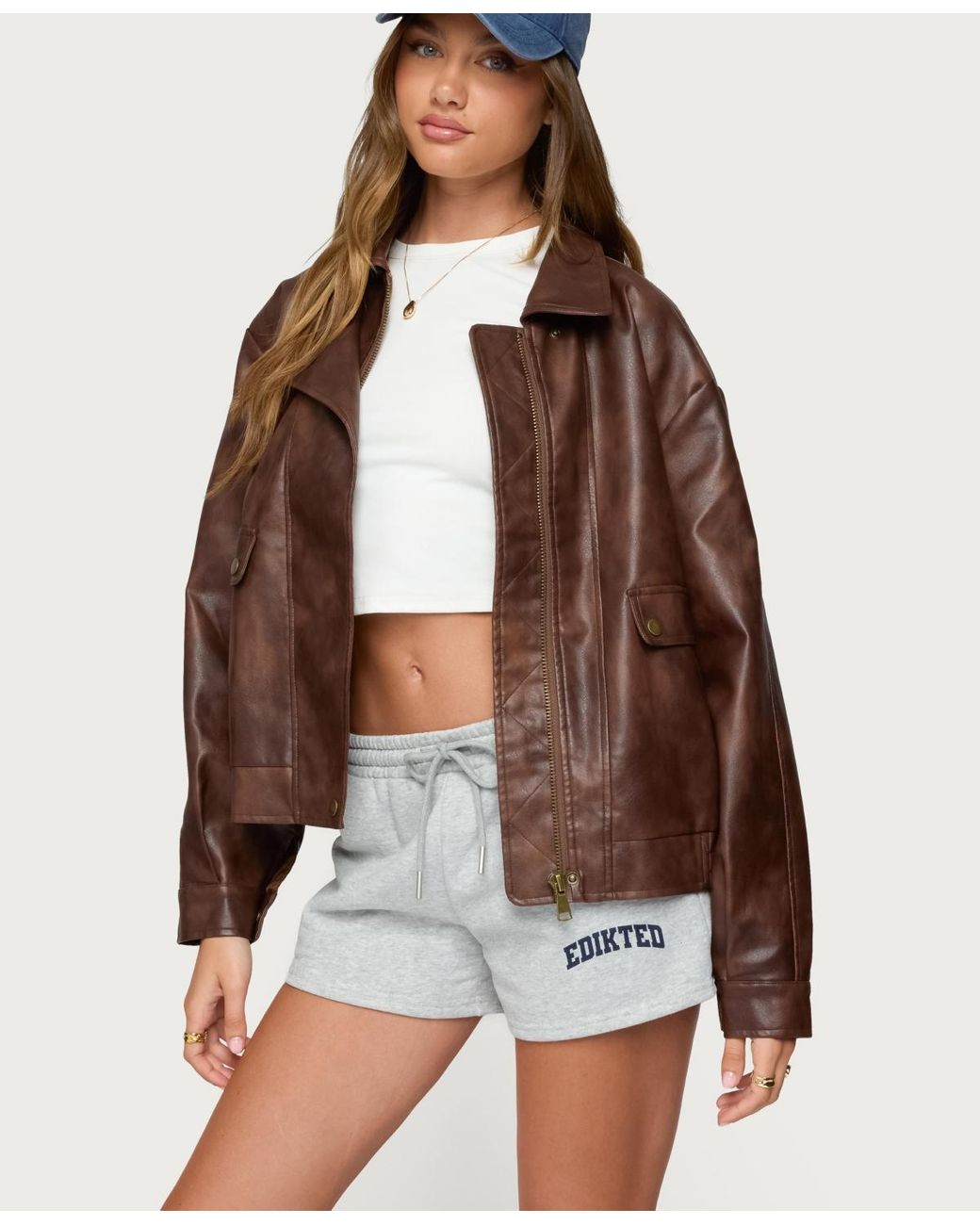 Edikted Ardella Oversized Faux Leather Jacket in Brown | Lyst