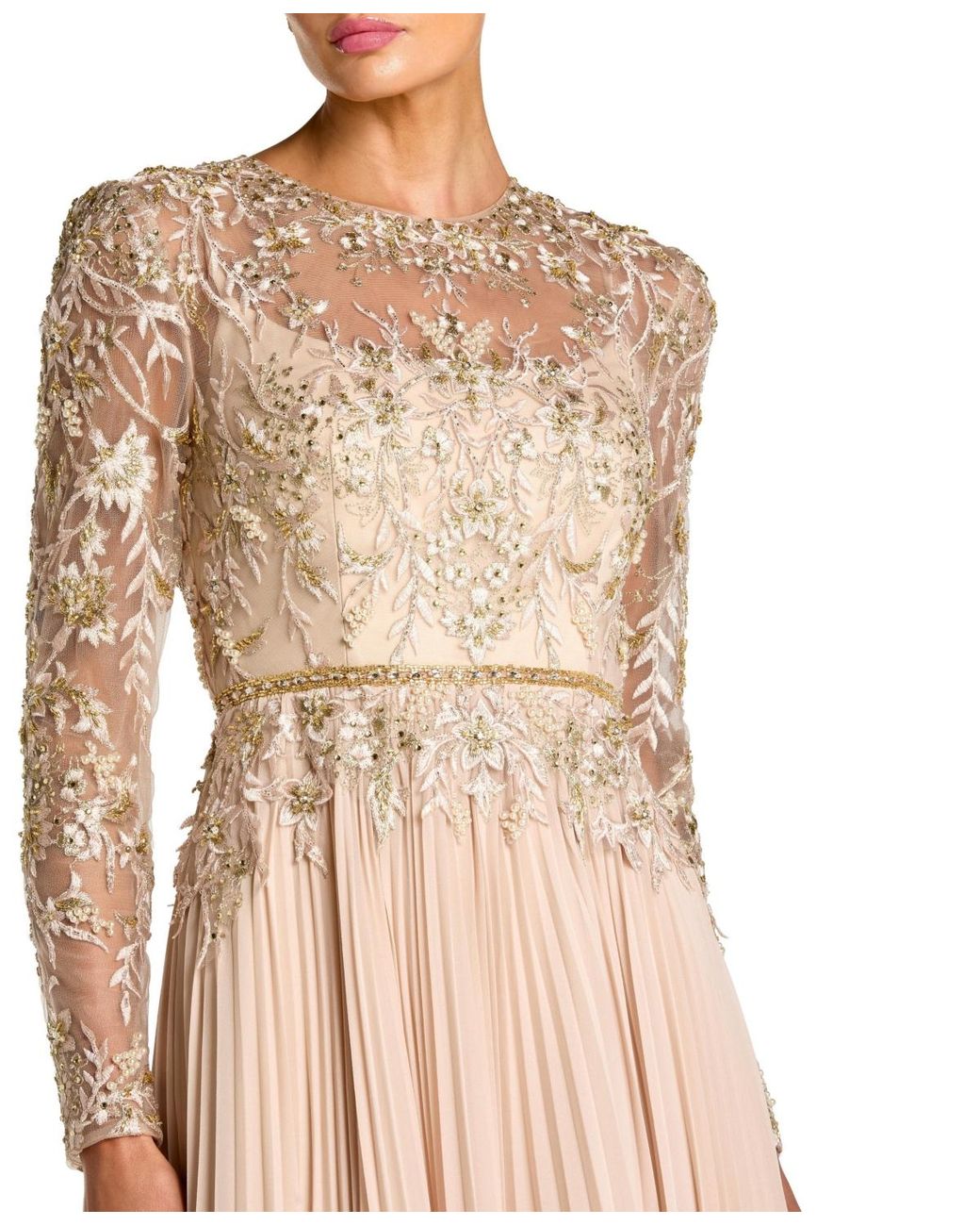 Mac Duggal Petite Long Sleeve Chiffon Embellished Gown in Natural | Lyst