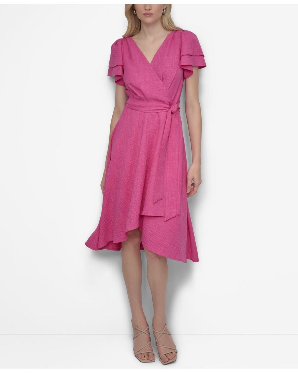 DKNY Flutter-sleeve Side-tie Faux-wrap Dress in Pink | Lyst