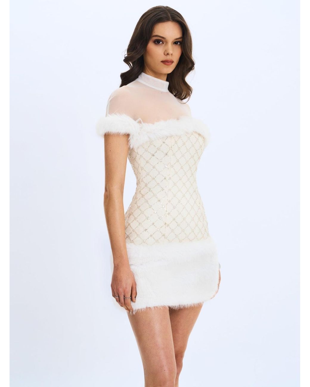 Miss Circle Taylor Ivory Fur Trimmed Beaded Boucle Mini Dress in White ...