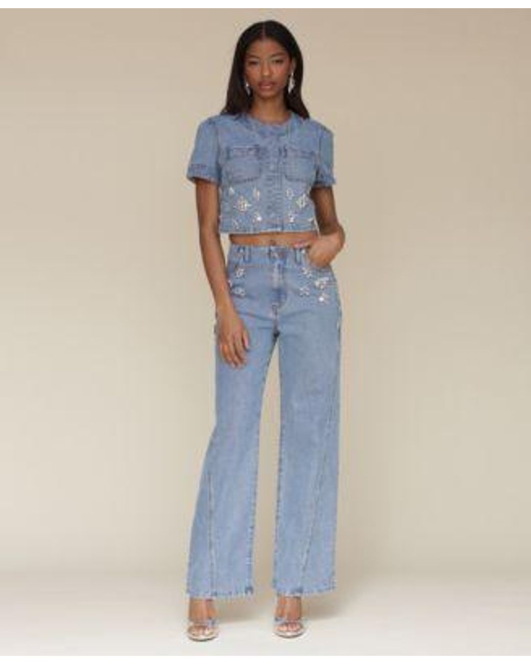Avec Les Filles Rhinestone Trim Short Sleeve Denim Top Rhinestone Trim ...