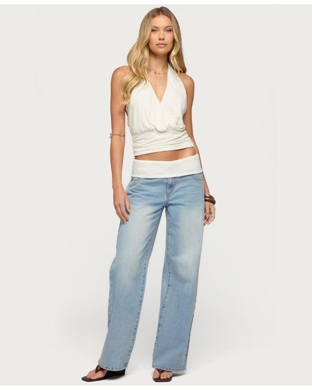 Edikted Knit Foldover Low Rise baggy Jeans in Blue | Lyst