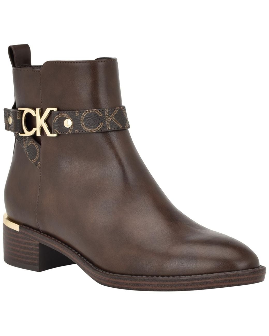 Calvin Klein Dhara Logo Strap Block Heel Booties in Brown | Lyst