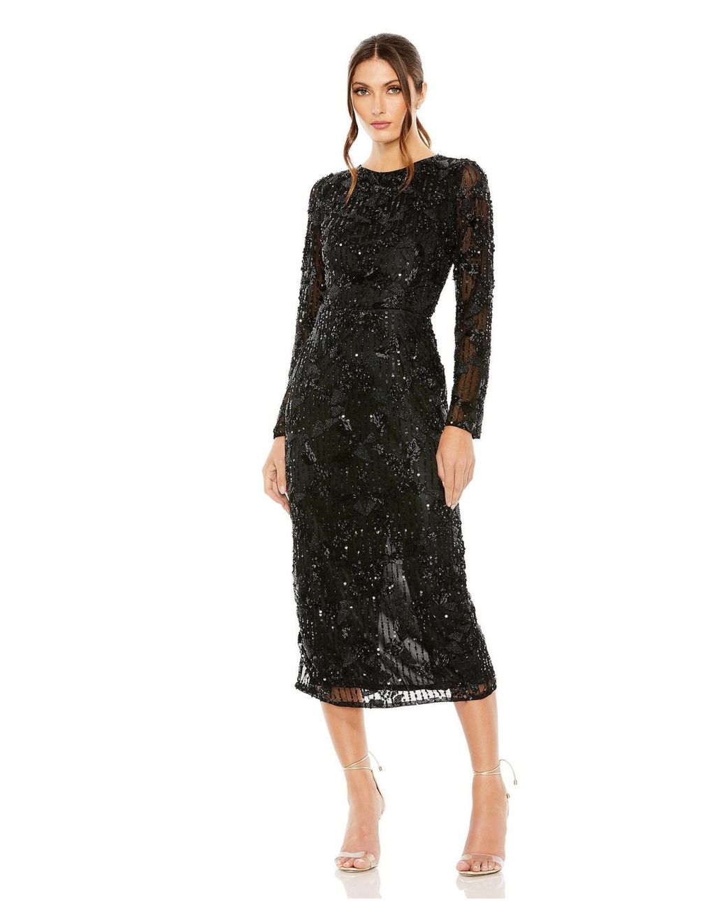 Mac Duggal High Neck Long Sleeve Embellished Dress in Black | Lyst