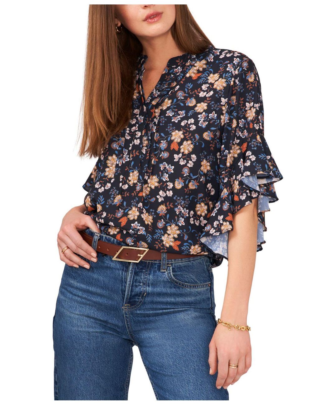 Vince Camuto Flutter Sleeve Floral Top In Blue Lyst