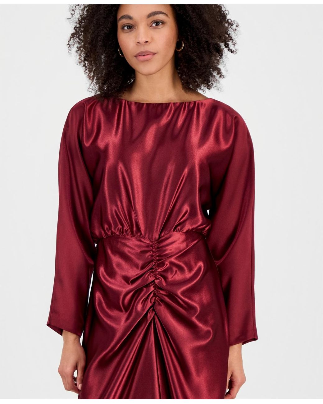 Julia Jordan Ruched Dolman-sleeve Boat-neck Midi Dress in Red | Lyst