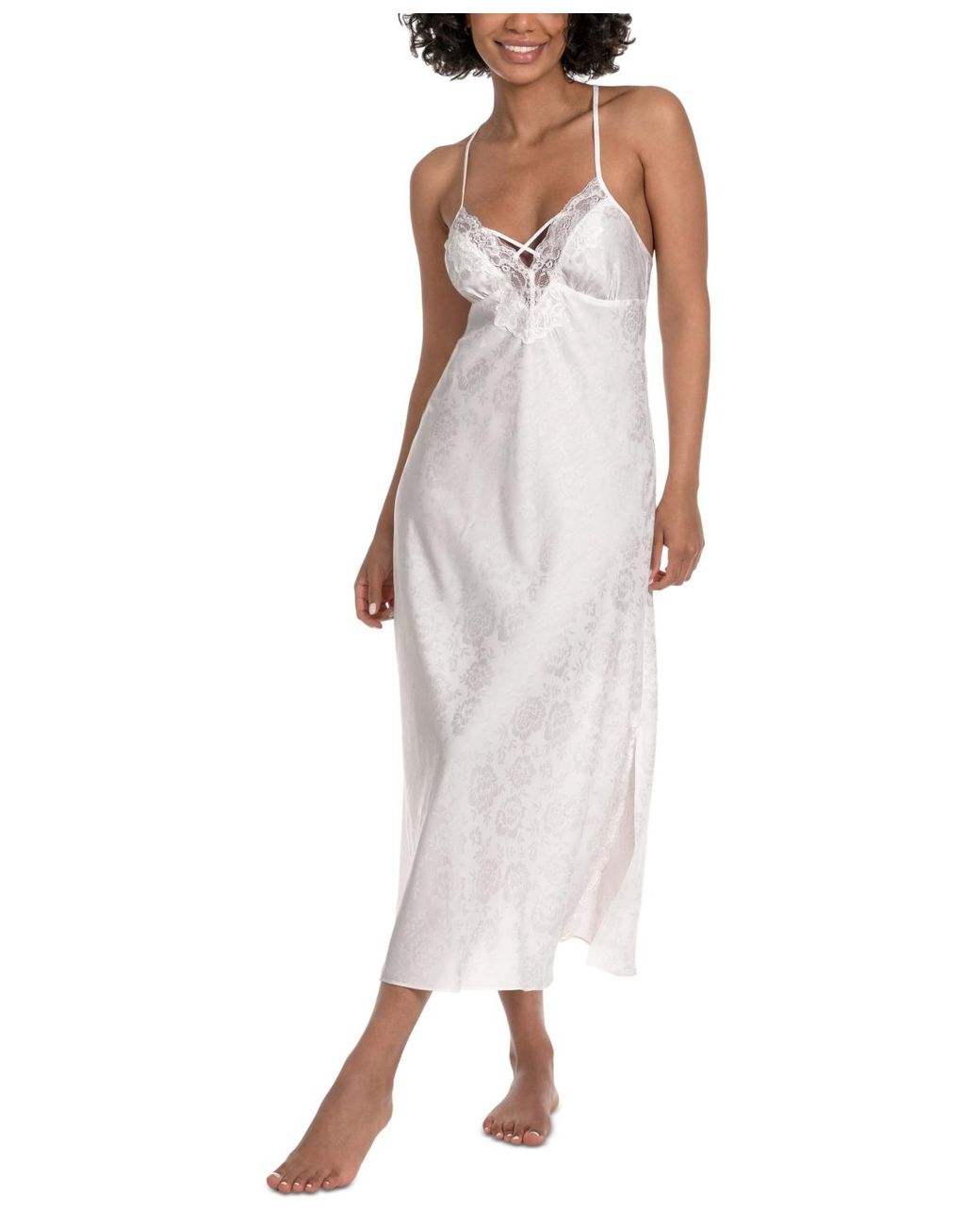 Linea Donatella Satin Lace Trim Nightgown In White Lyst